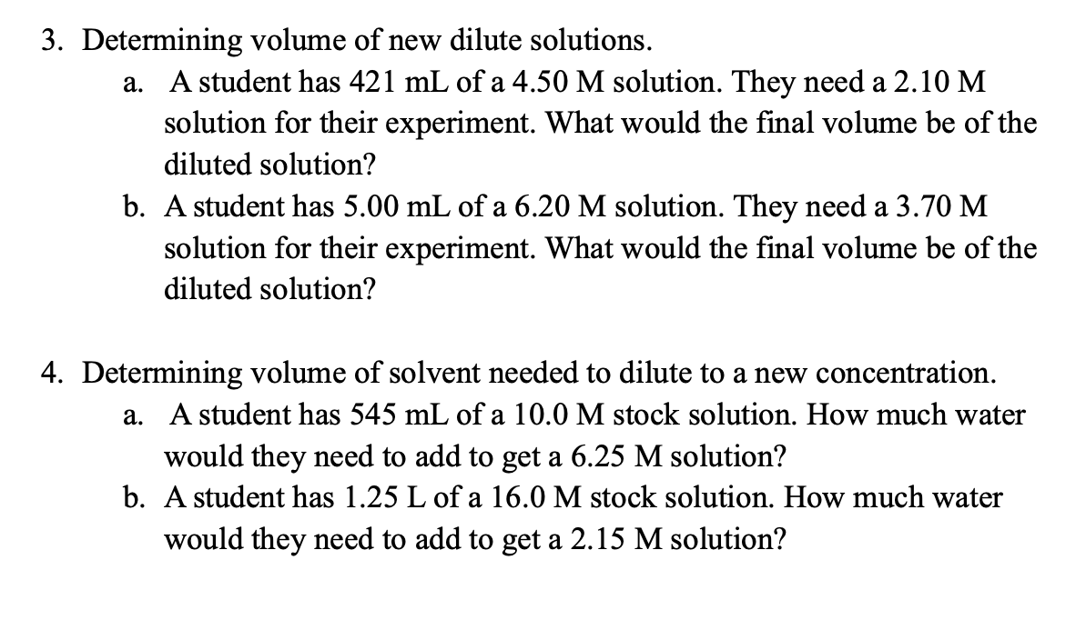 Solved 3. Determining volume of new dilute solutions. a. A | Chegg.com