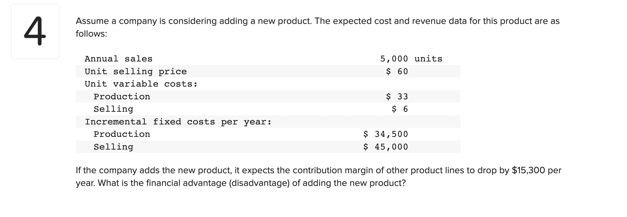 Solved Assume a company is considering adding a new product. | Chegg.com
