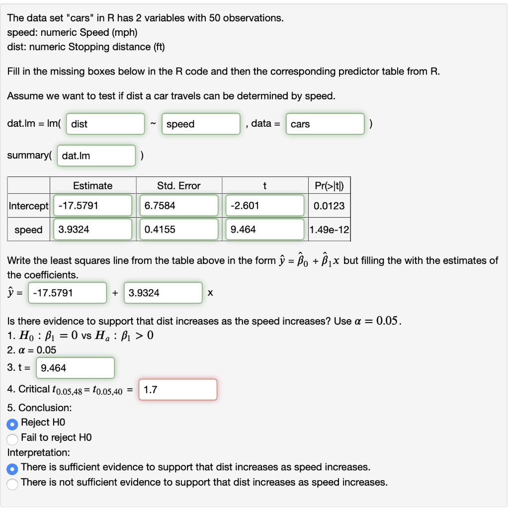 Solved The data set "cars" in R has 2 variables with 50 | Chegg.com