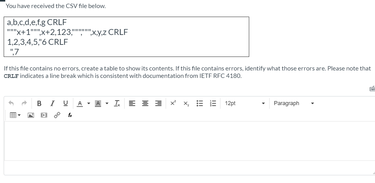 Solved You have received the CSV file below. a,b,c,d,e,f,g | Chegg.com