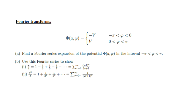 Solved Fourier transforms: Φ(a,φ)={−VV−π