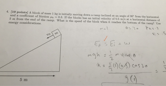 Solved A block of mass 1 kg is initially moving down a ramp | Chegg.com