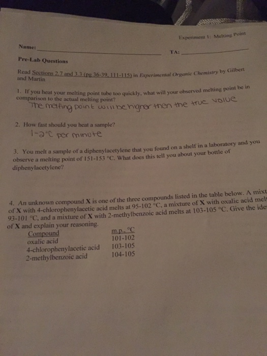 Solved Experiment 1: Melting Point Name: TA: Pre-Lab | Chegg.com