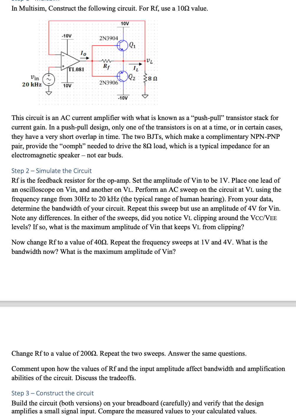 Solved In Multisim, Construct the following circuit. For Rf, | Chegg.com