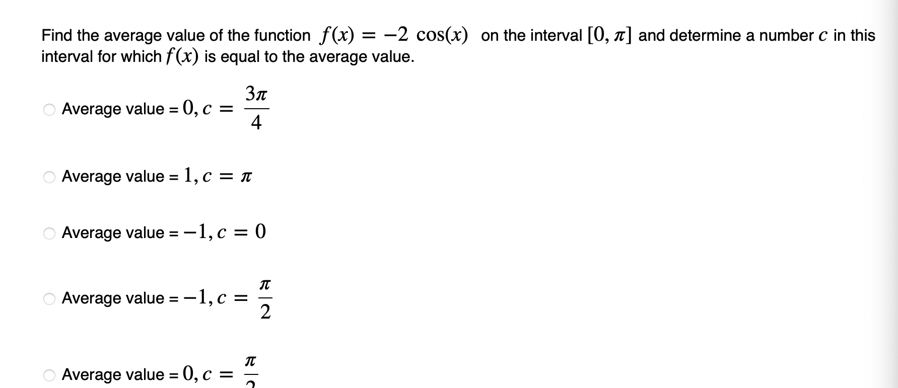 Solved Find the average value of the function f(x)=-2cos(x) | Chegg.com