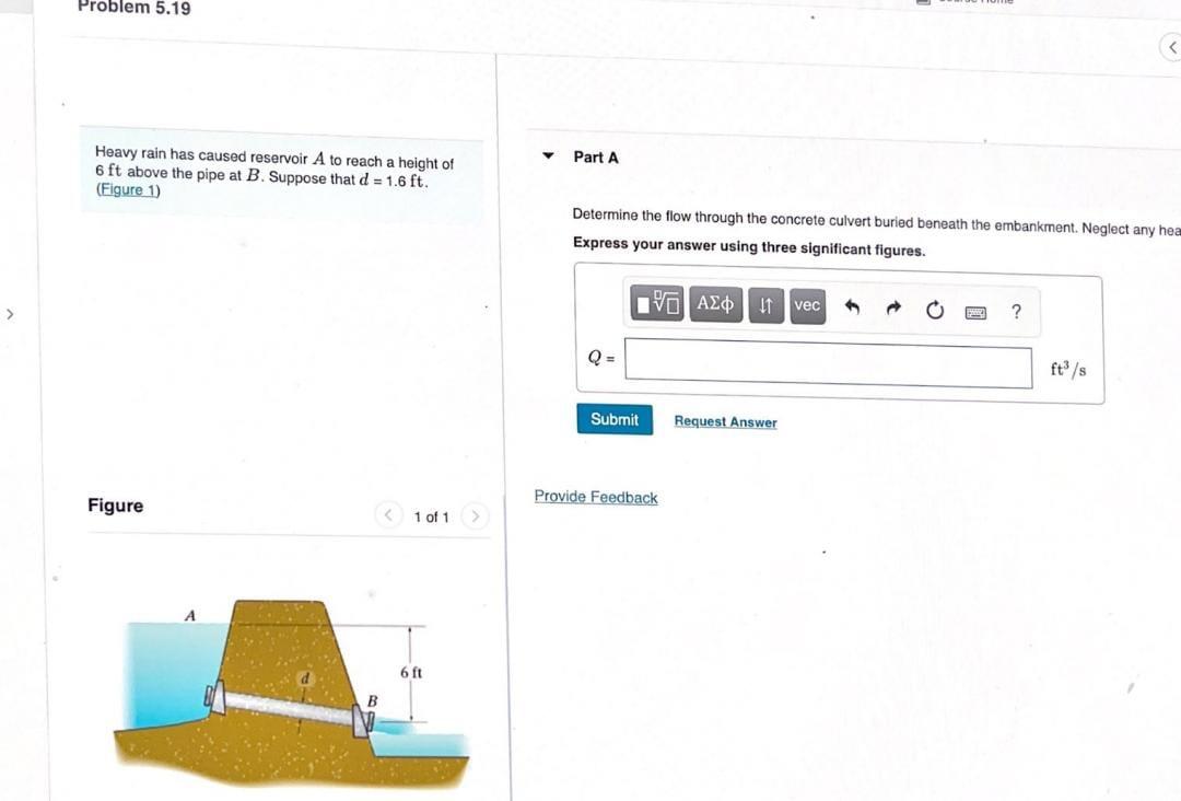 Solved Problem 5.19 v Part A Heavy rain has caused reservoir | Chegg.com