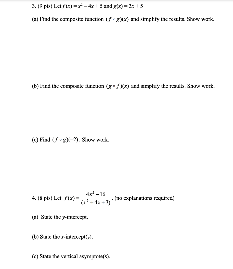 Solved 3. (9 pts) Let f(x)=x2−4x+5 and g(x)=3x+5 (a) Find | Chegg.com
