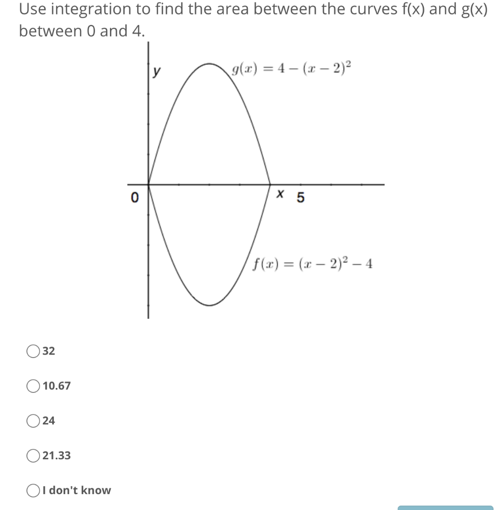 Solved Use integration to find the area between the curves | Chegg.com
