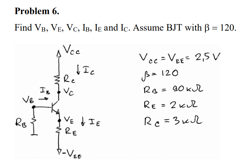 Solved Problem 6. Find VB, VE, Vc, IB, IE and ic. Assume BIT | Chegg.com