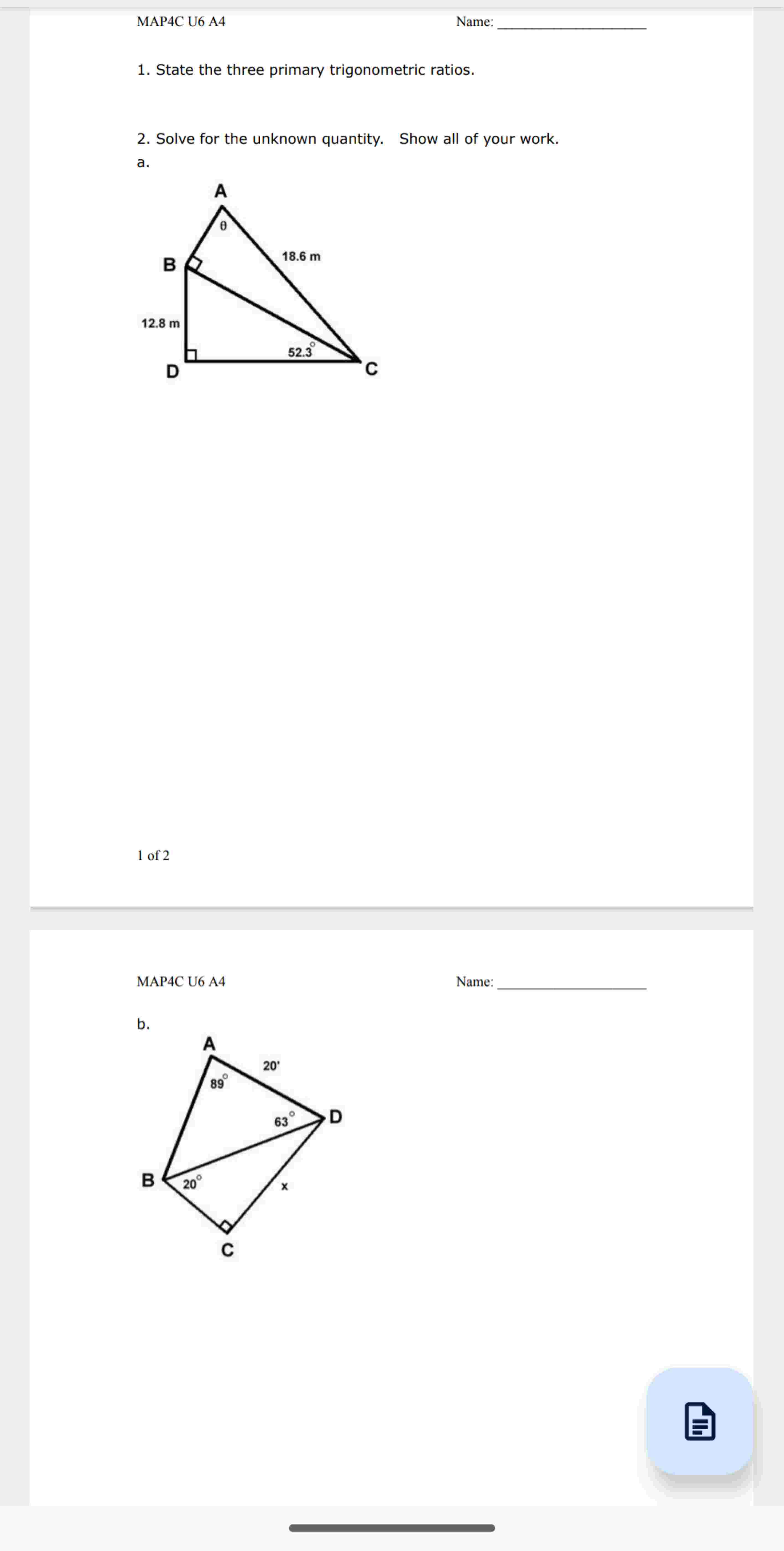 Solved 1. ﻿State the three primary trigonometric ratios.2. | Chegg.com