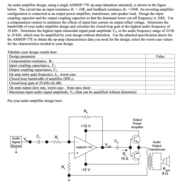 An audio amplifier design, using a single AMSOP-77E | Chegg.com