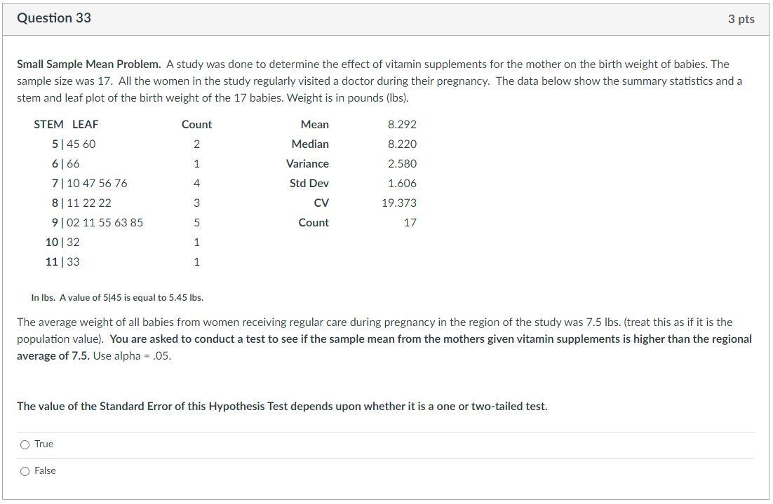 Solved Small Sample Mean Problem. A study was done to | Chegg.com