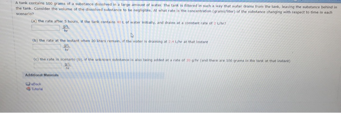 Solved A tank contains 100 grams of a substance dissolved in | Chegg.com