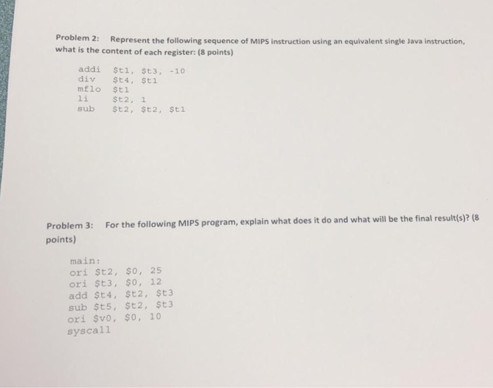 Solved Problem 2: Represent the following sequence of MIPS | Chegg.com