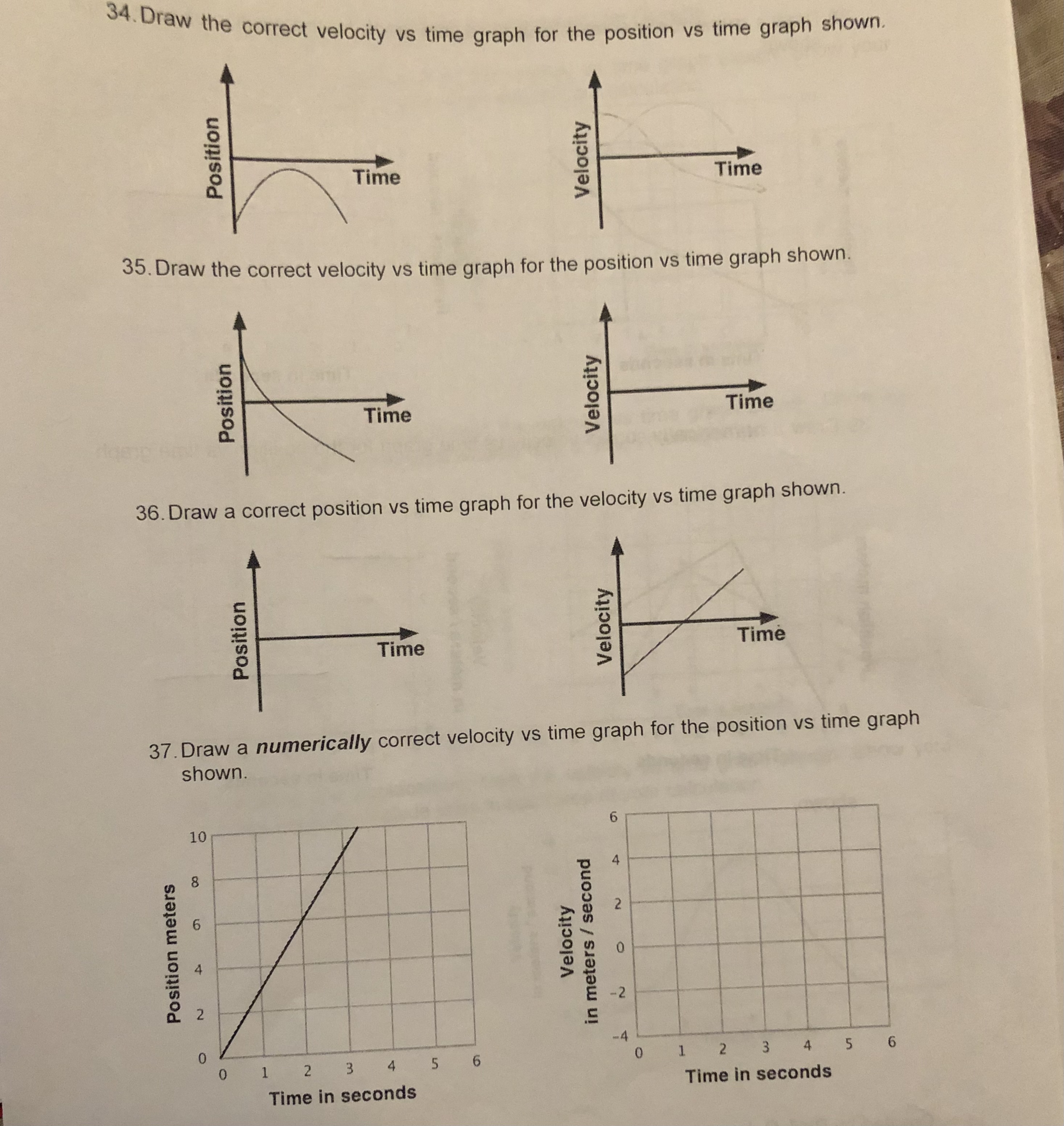 Solved 34 Draw The Correct Velocity Vs Time Graph For The