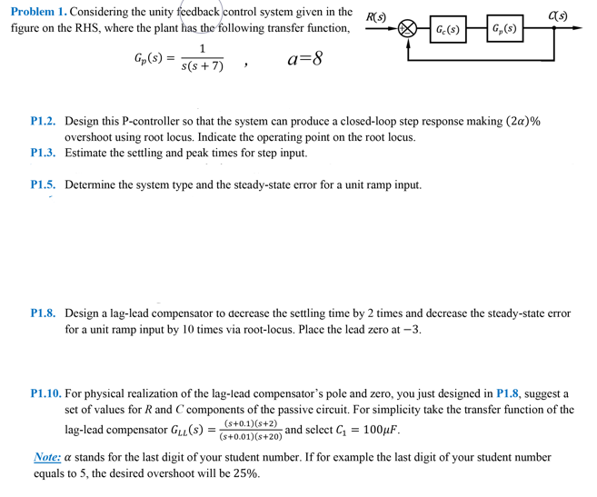 Solved Problem 1. Considering the unity feedback control | Chegg.com
