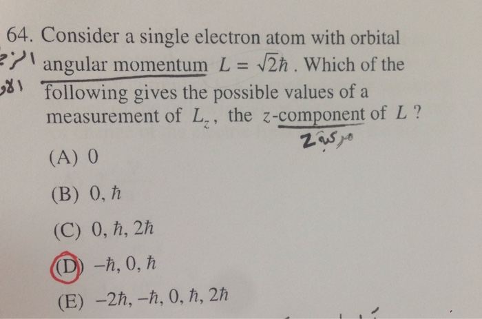 Solved 64. Consider a single electron atom with orbital , | Chegg.com