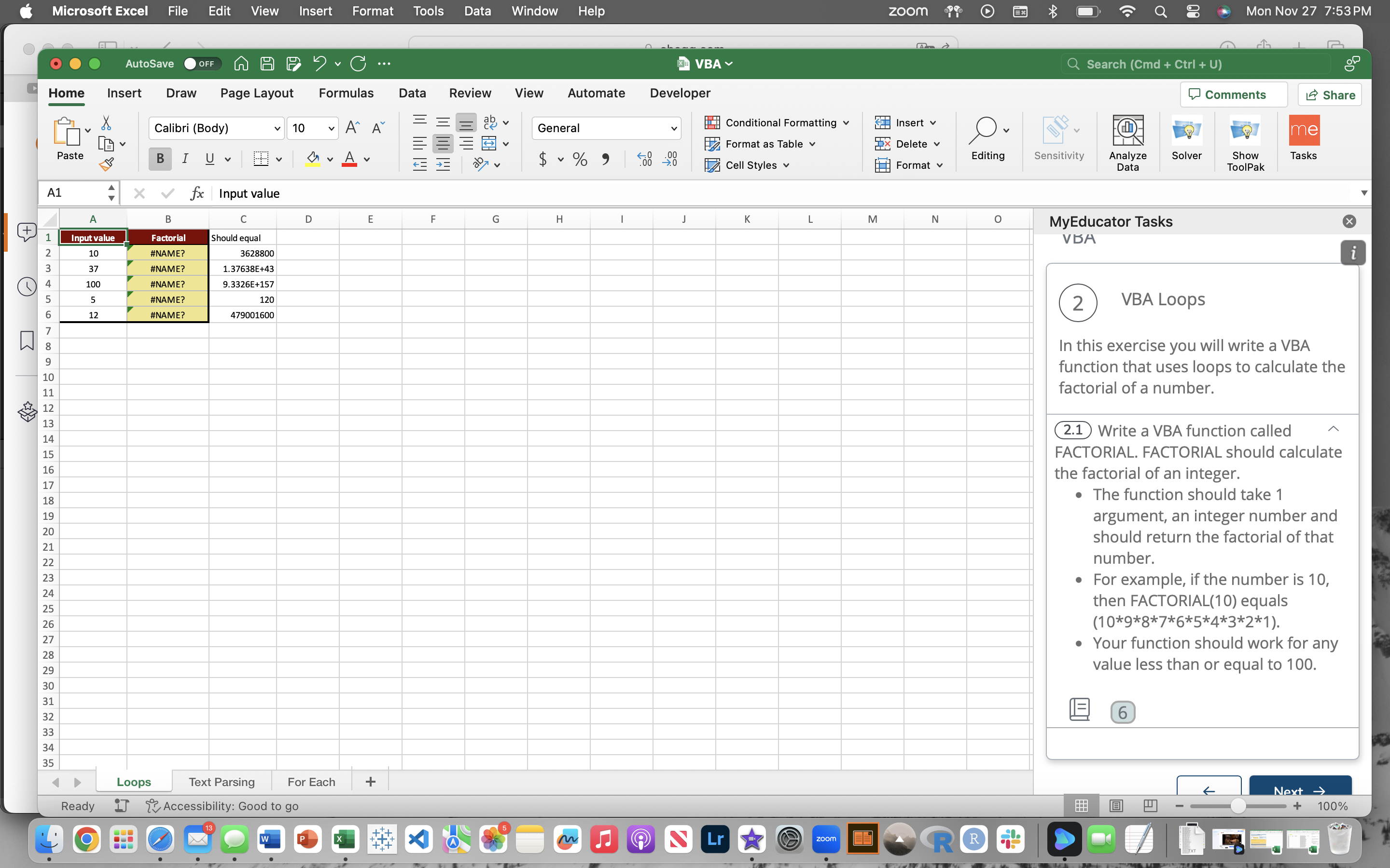 Solved MyEducator TasksVBA(2) ﻿VBA LoopsIn this exercise you | Chegg.com