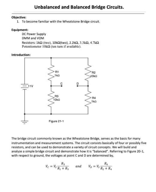 Solved Unbalanced and Balanced Bridge Circuits. Objective: | Chegg.com
