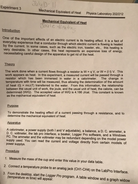 July 0-1 Experiment 3 Mechanical Equivalent of Heat | Chegg.com