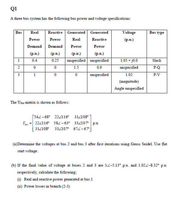 Solved Q1 A three bus system has the following bus power and | Chegg.com
