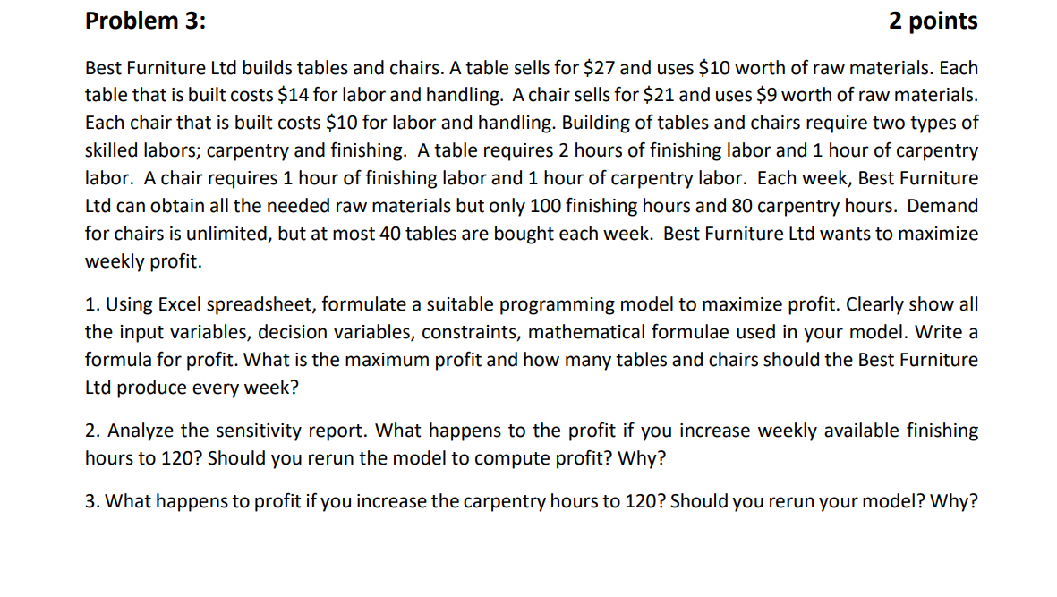 Problem 3: 2 points Best Furniture Ltd builds tables | Chegg.com