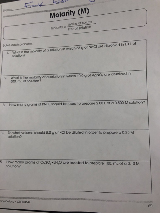 Solved Molarity (M) Molarity moles of solute liter of | Chegg.com