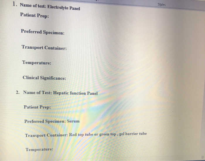Solved Styles 1. Name of test: Electrolyte Panel Patient | Chegg.com
