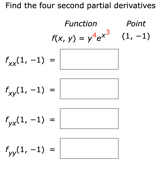 Solved Find the four second partial derivatives Function | Chegg.com
