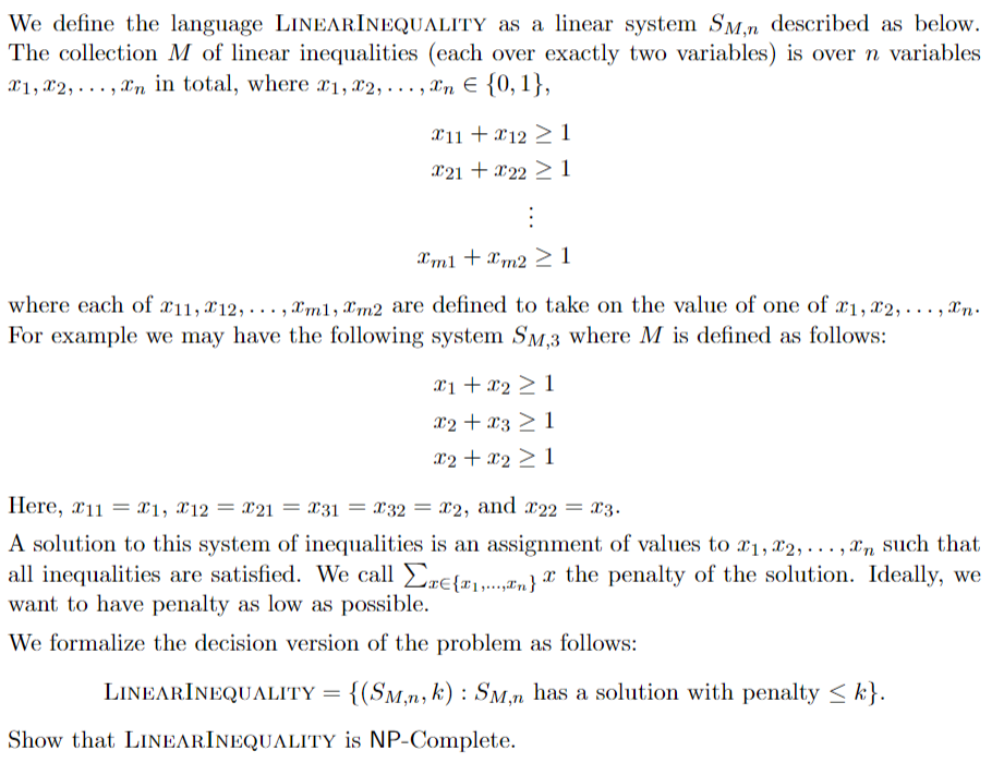 We define the language LINEARINEQUALITY as a linear | Chegg.com