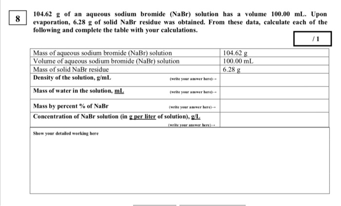 Solved 104.62 g of an aqueous sodium bromide (NaBr) solution | Chegg.com