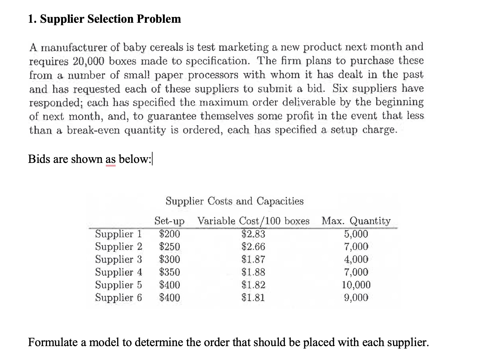 Solved 1. Supplier Selection Problem A manufacturer of baby | Chegg.com