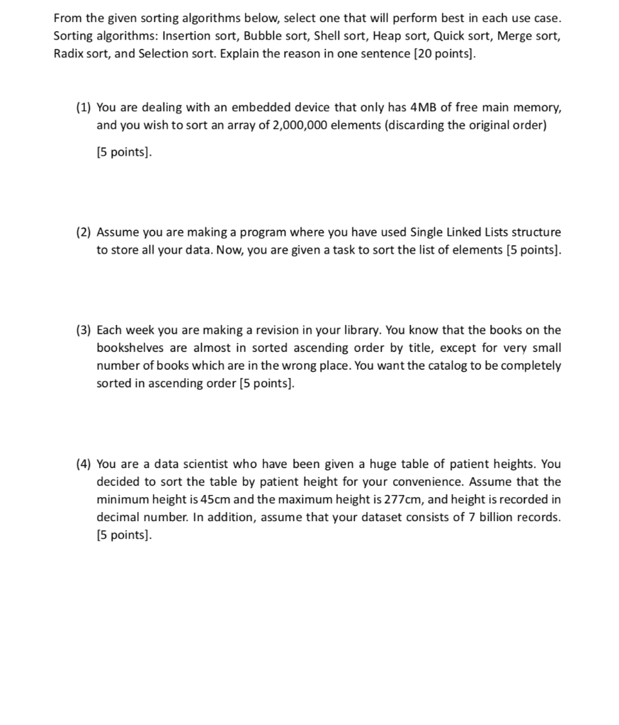 From the given sorting algorithms below, select one | Chegg.com