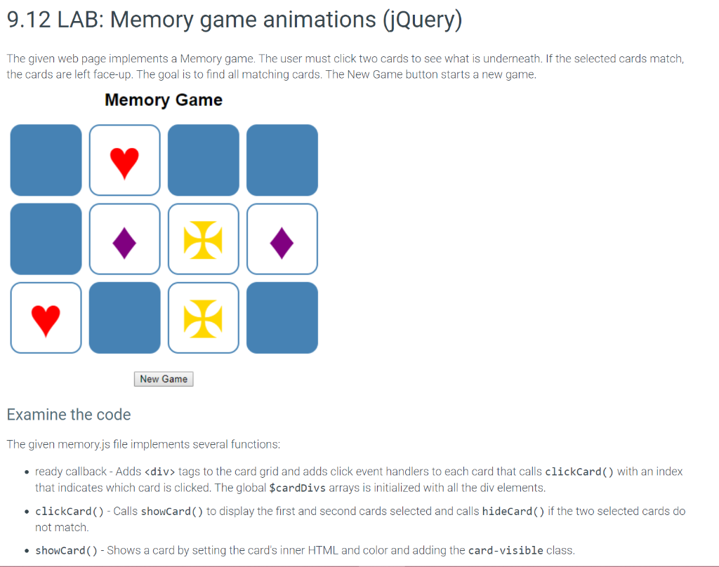 Solved 9.12 LAB: Memory game animations (jQuery) The given | Chegg.com