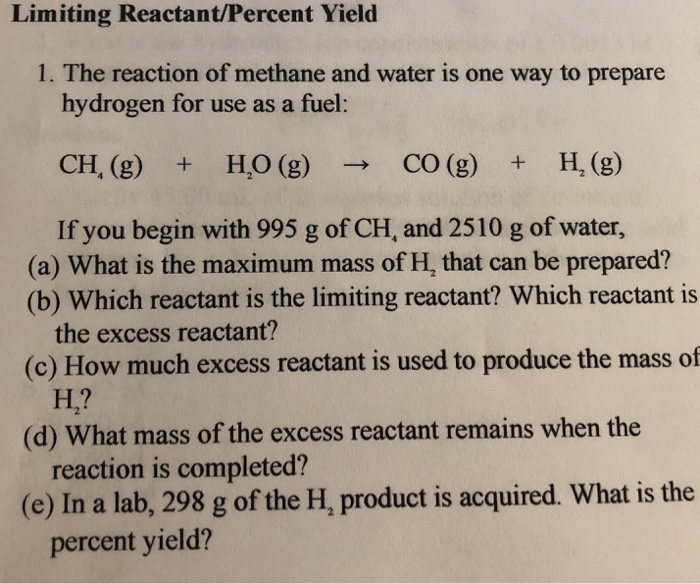 Solved Limiting Reactant/Percent Yield 1. The reaction of | Chegg.com