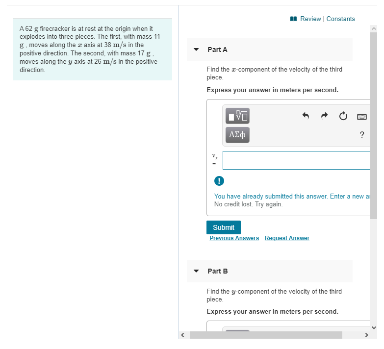 Solved A Review Constants A 62 g firecracker is at rest at | Chegg.com