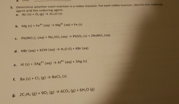 Solved 5. Determine whether each reaction is a redox | Chegg.com
