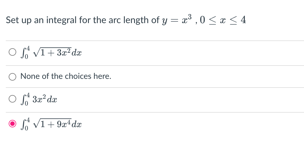 Solved Set up an integral for the arc length of y=x3,0≤x≤4 | Chegg.com