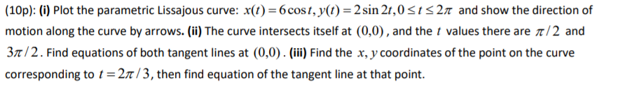 Solved (10p): (i) Plot the parametric Lissajous curve: x(t) | Chegg.com