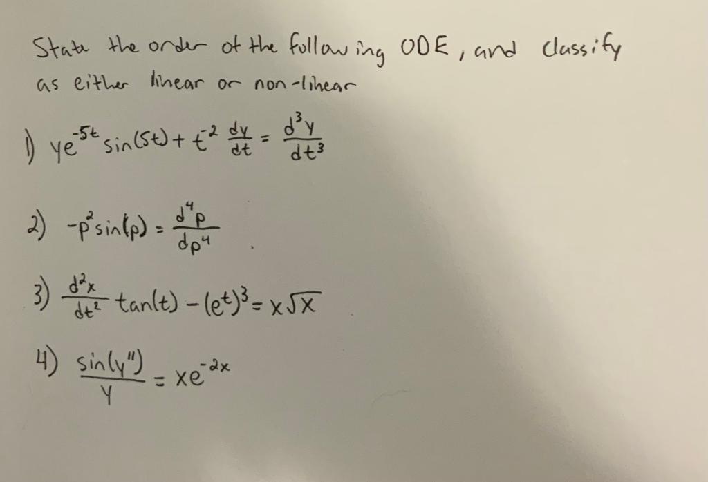 Solved State the order of the following ODE, and classify as | Chegg.com