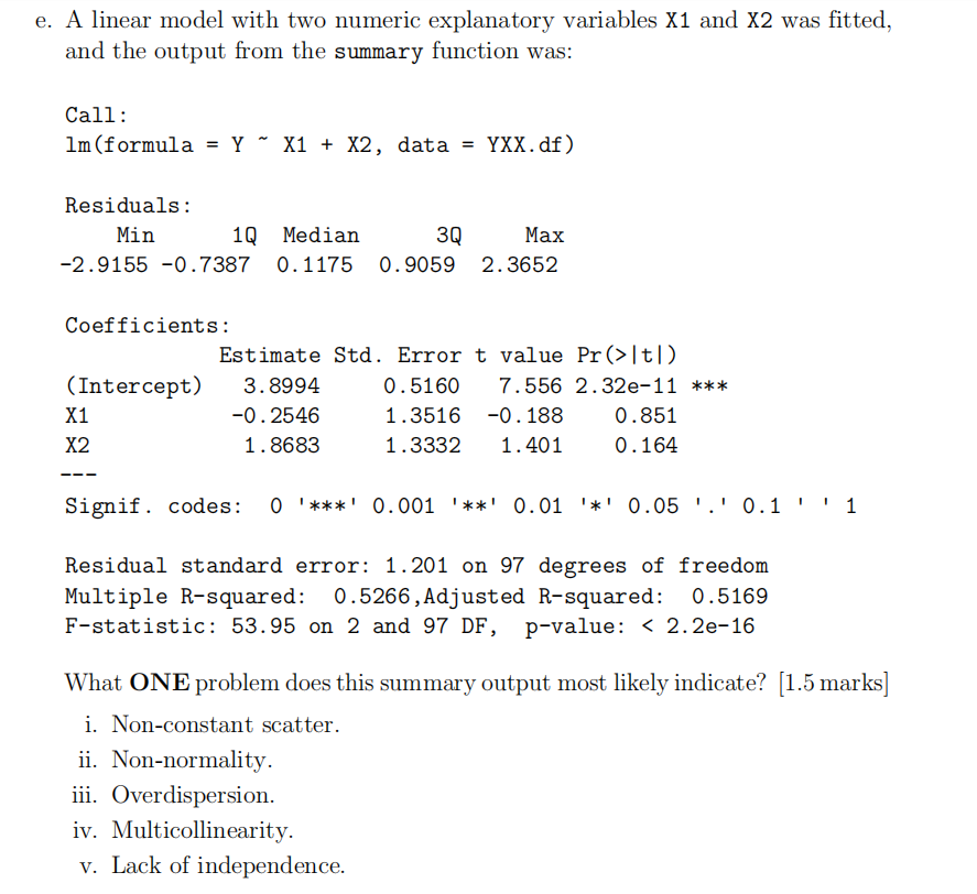Solved e. A linear model with two numeric explanatory | Chegg.com
