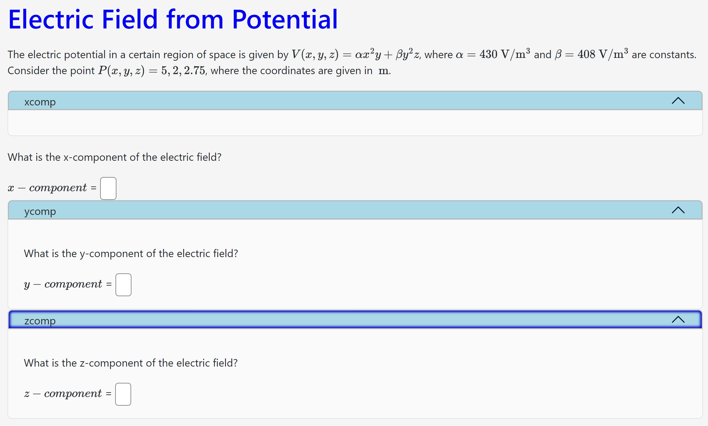 Solved Electric Field from PotentialThe electric potential | Chegg.com
