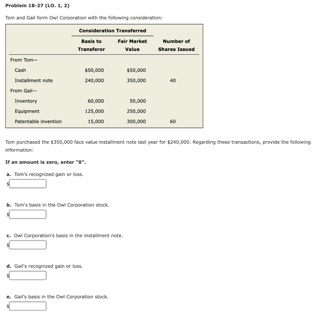 Problem 18-27 (LO. 1, 2) Tom and Gail form Owl | Chegg.com