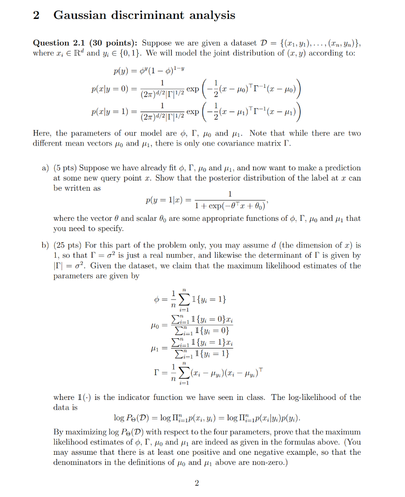 2 Gaussian discriminant analysis Question 2.1 (30 | Chegg.com