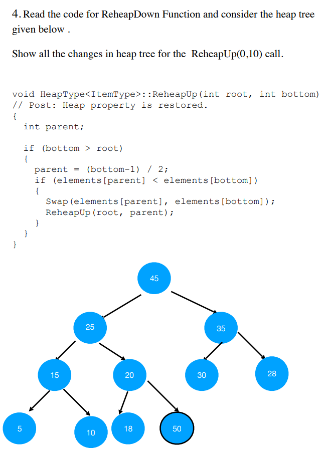 Solved 4. Read the code for ReheapDown Function and consider | Chegg.com