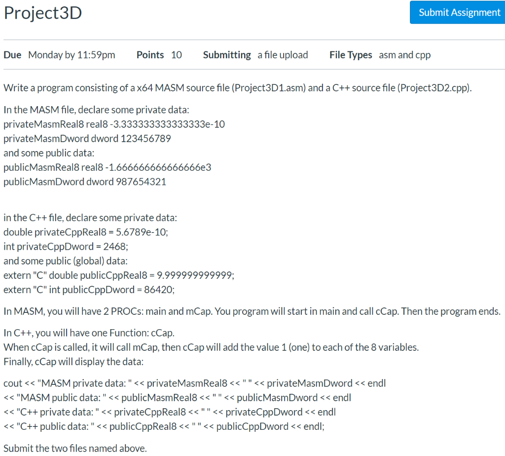 Project3D Submit Assignment Due Monday by 11:59pm | Chegg.com