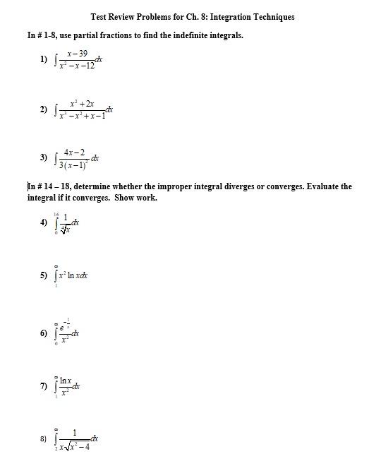 Solved Test Review Problems for Ch. 8: Integration | Chegg.com