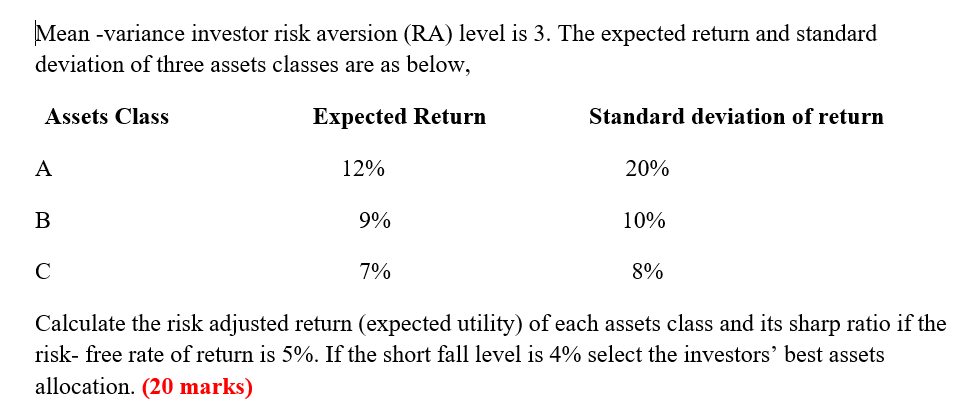 Solved Mean -variance investor risk aversion (RA) level is | Chegg.com
