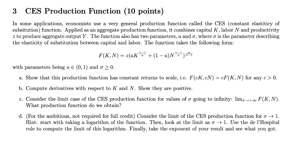 Solved CES Production Function (10 points) In some | Chegg.com
