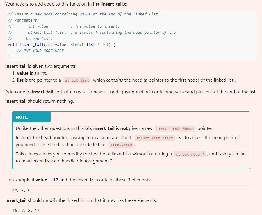 Solved Insert an element at the tail of a Linked ListYour | Chegg.com